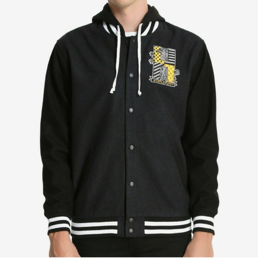 Harry Potter Hufflepuff Logo Hooded Varsity Jacket - Gem